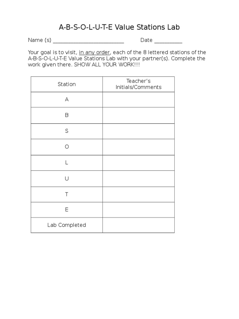 Absolute Value Functions - Stations Lab | PDF