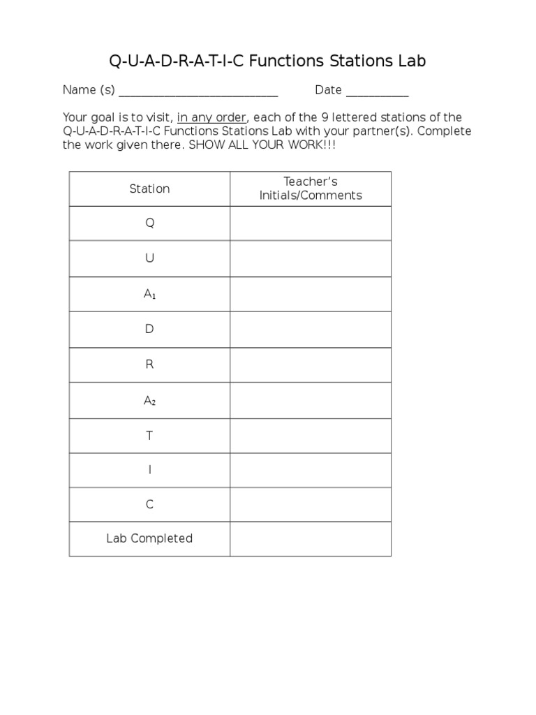 Quadratic Functions - Stations Lab | PDF | Quadratic Equation ...