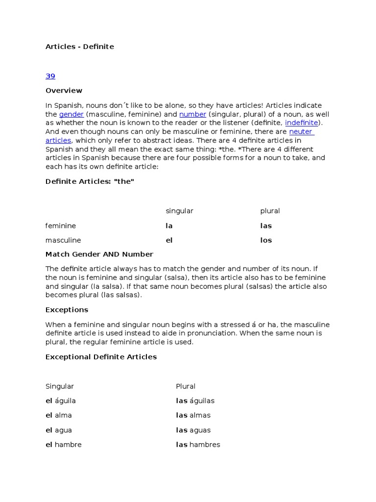 Articles - Definite: Gender Number Indefinite Neuter Articles | PDF ...