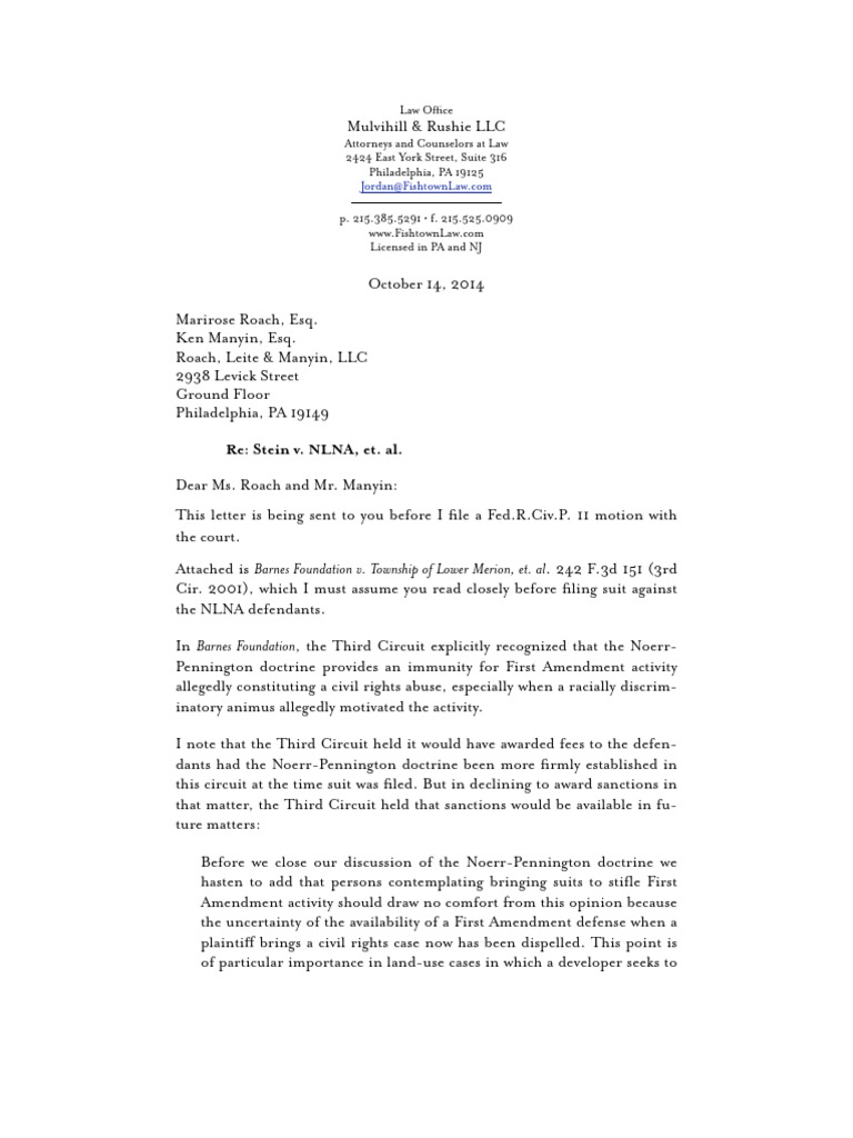 Warning letter sent to Marc Stein's lawyer warning her that defendants ...