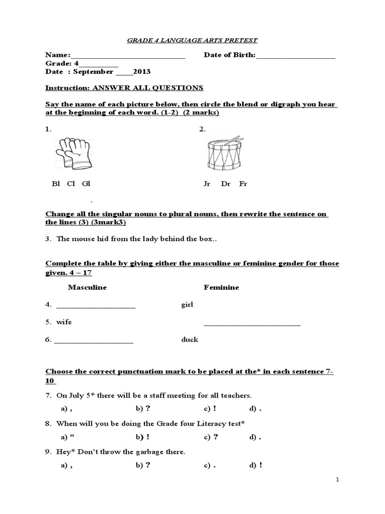 Grade 4 Language Arts TEST | PDF | Grammatical Gender | Adverb