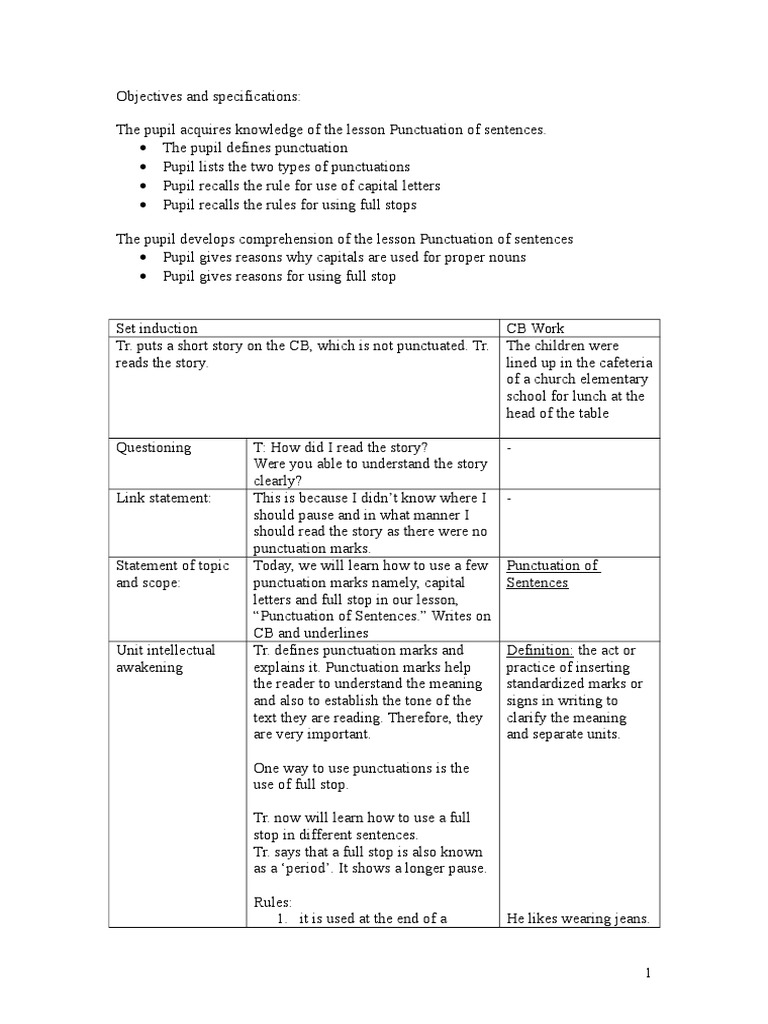 Lesson Plan Grammar Punctuation Pdf Punctuation Sentence Linguistics