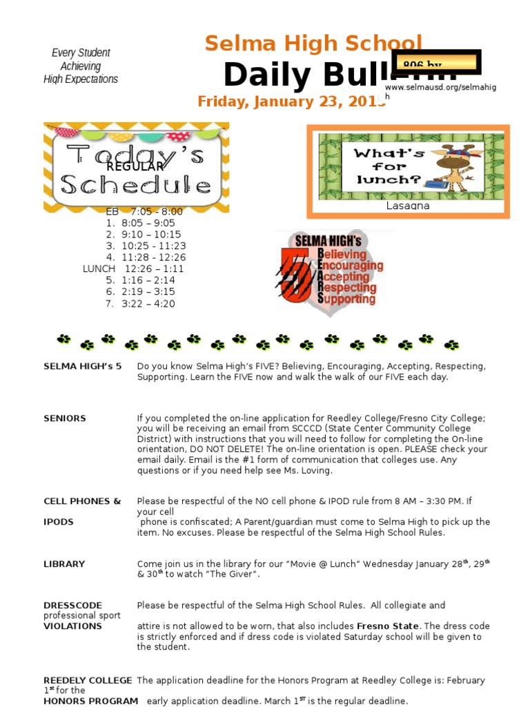 SHS Daily Bulletin 1-23-15 | PDF | Clothing | Leisure
