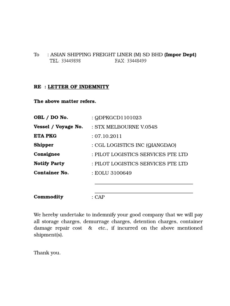 Loi Sample-Em Shipping | PDF | Business | Finance & Money Management