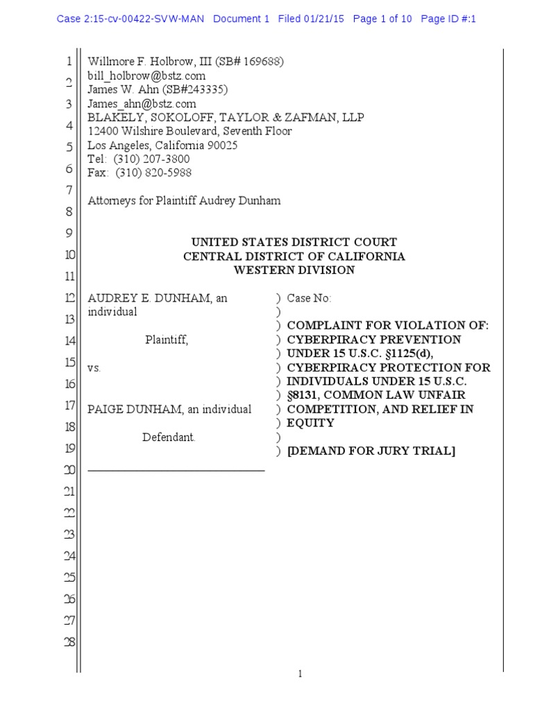 Audrey Dunham v. Paige Dunham Complaint PDF | PDF | Equity (Law) | Damages