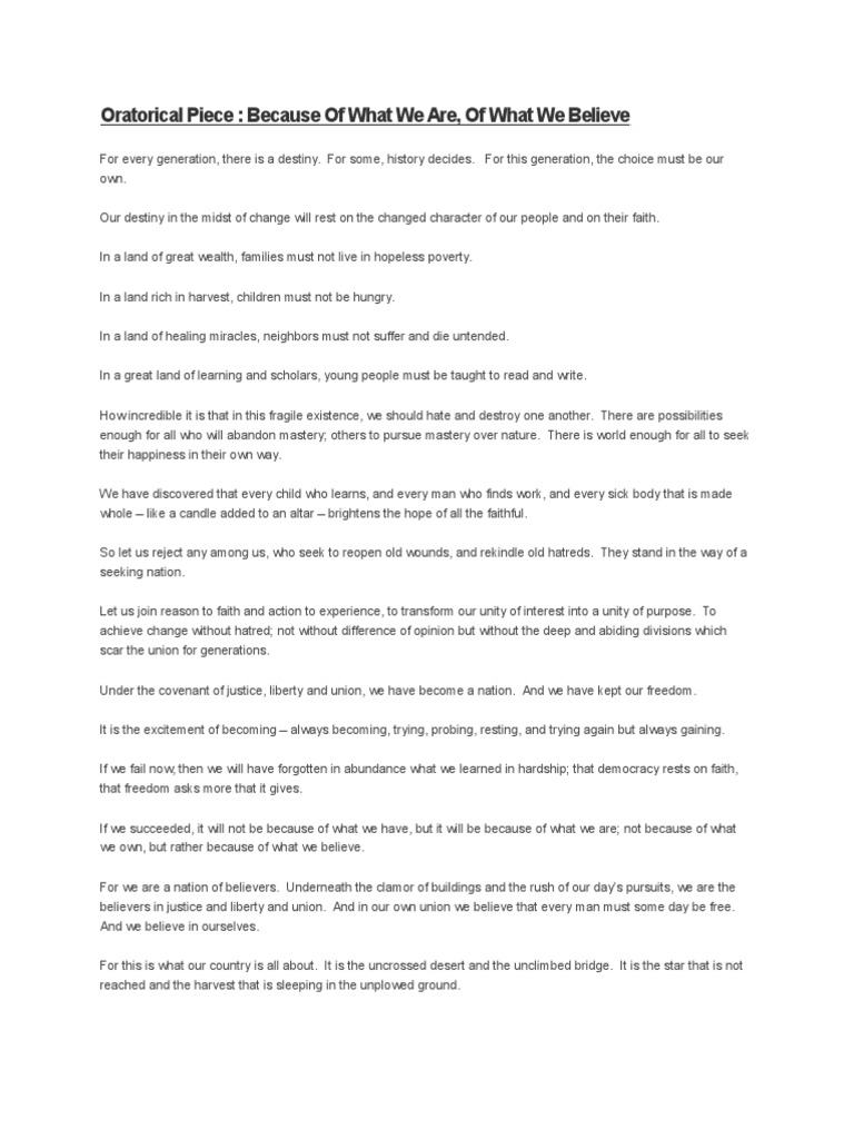 Oratorical Piece: Because of What We Are, of What We Believe | PDF ...