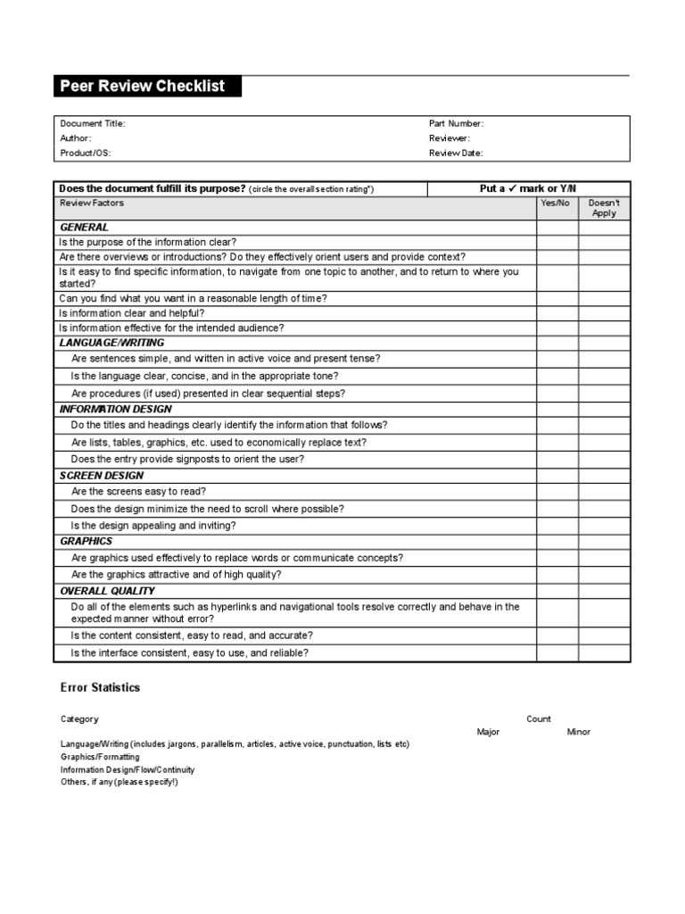 Peer Review Checklist: Does The Document Fulfill Its Purpose? Put A ...