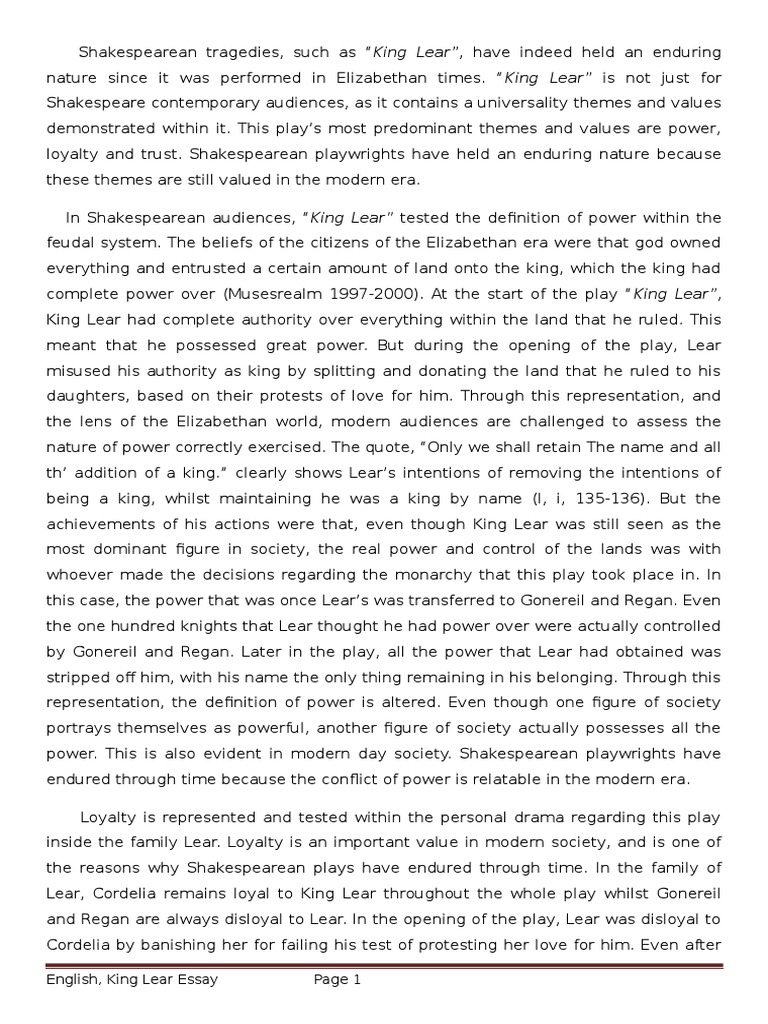 Critical Essay - King Lear | PDF | King Lear | William Shakespeare