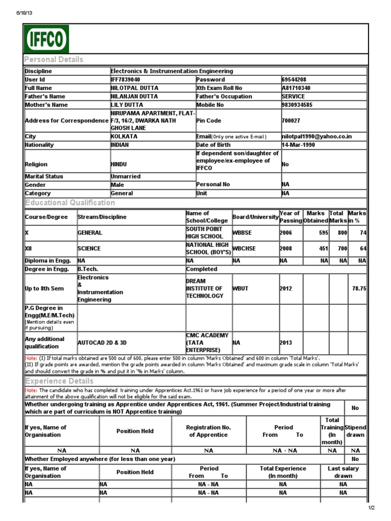 Iffco Application | Apprenticeship | Academia