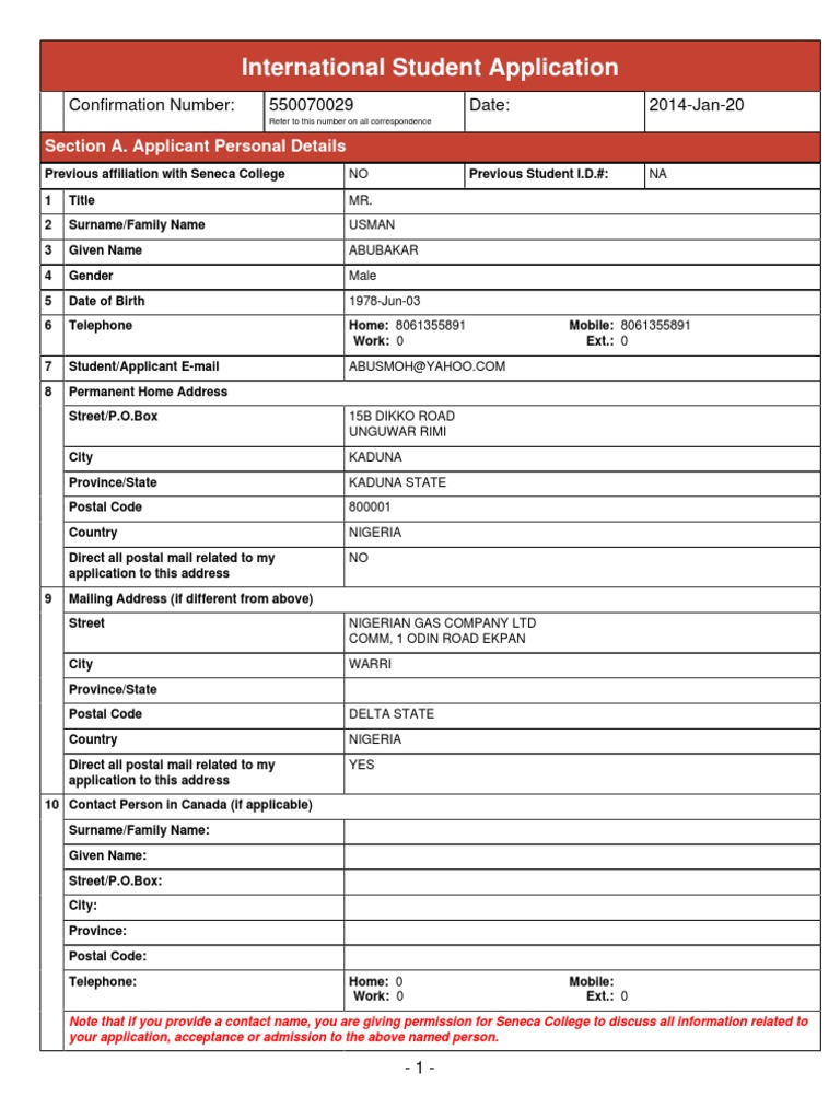 International Student Application: Confirmation Number: 550070029 Date ...