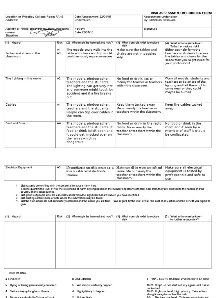 Risk Assessment Recording Form | Download Free PDF | Risk | Classroom