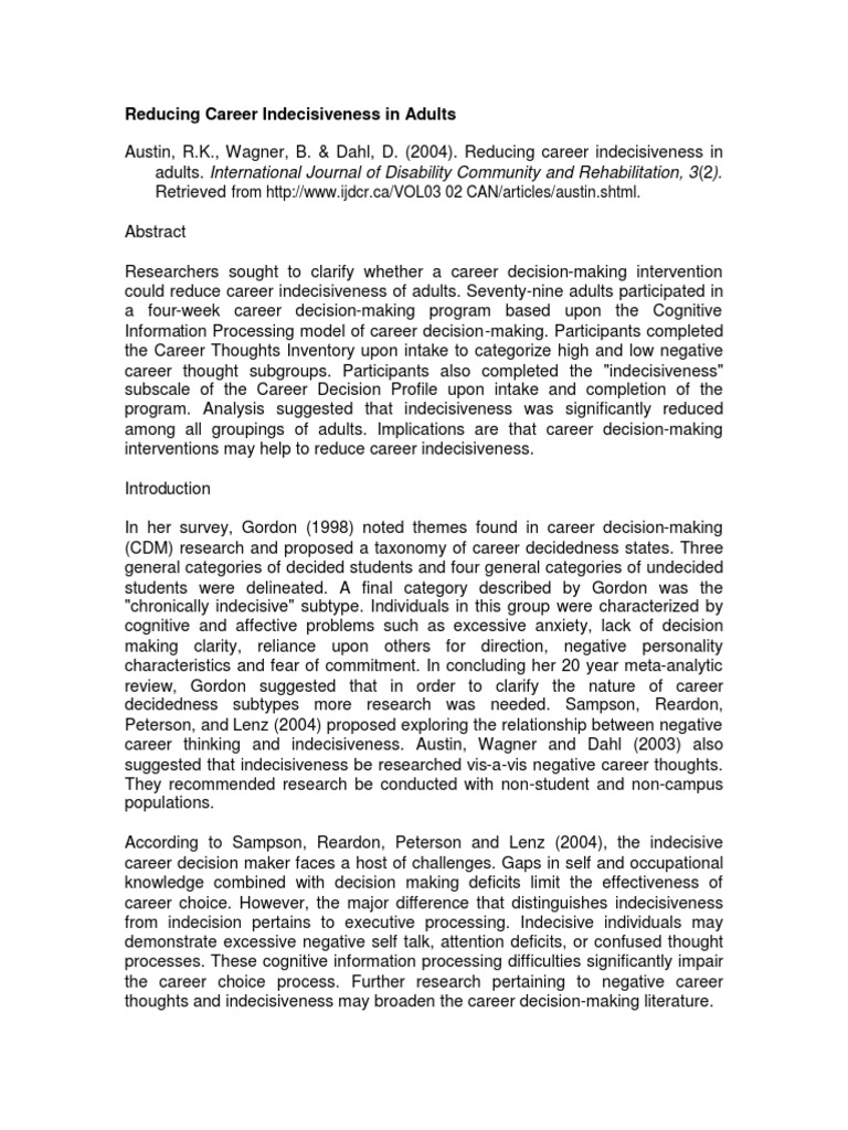 Reducing Career Indecisiveness in Adults | PDF | Decision Making ...