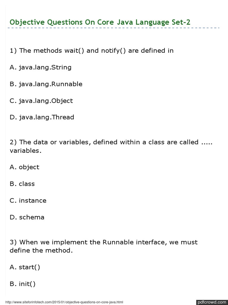 Objective Questions On Core Java Language | PDF | Class (Computer ...