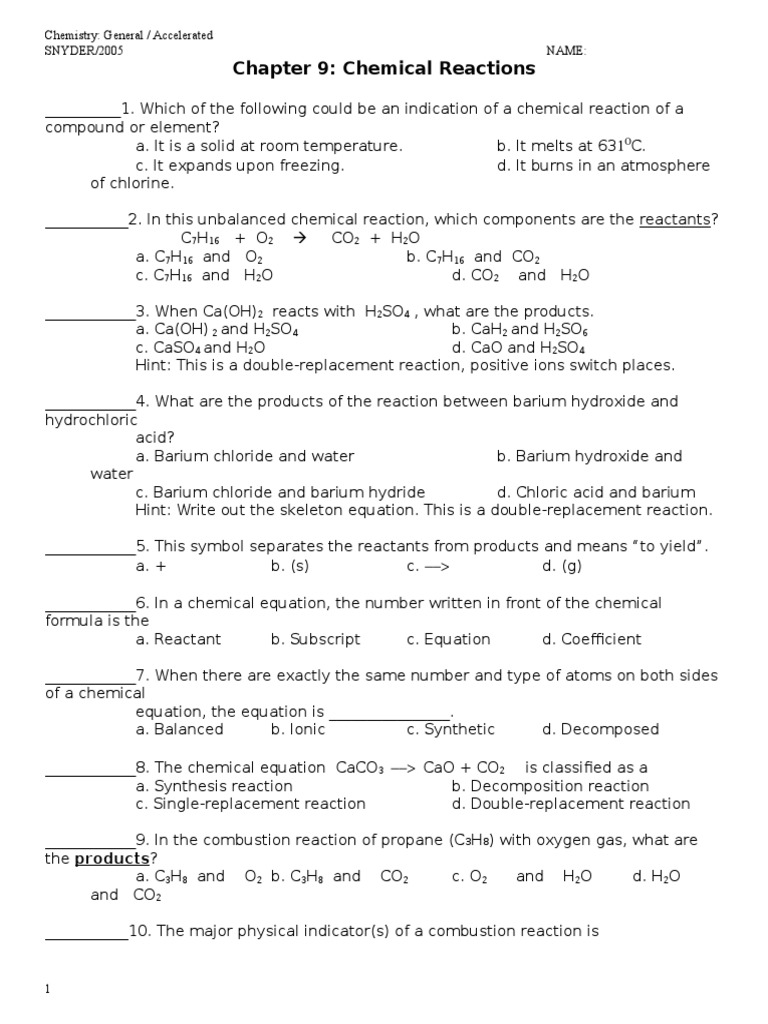 Chapter 9 Chemical Reactions Test | PDF | Chemical Reactions | Atoms