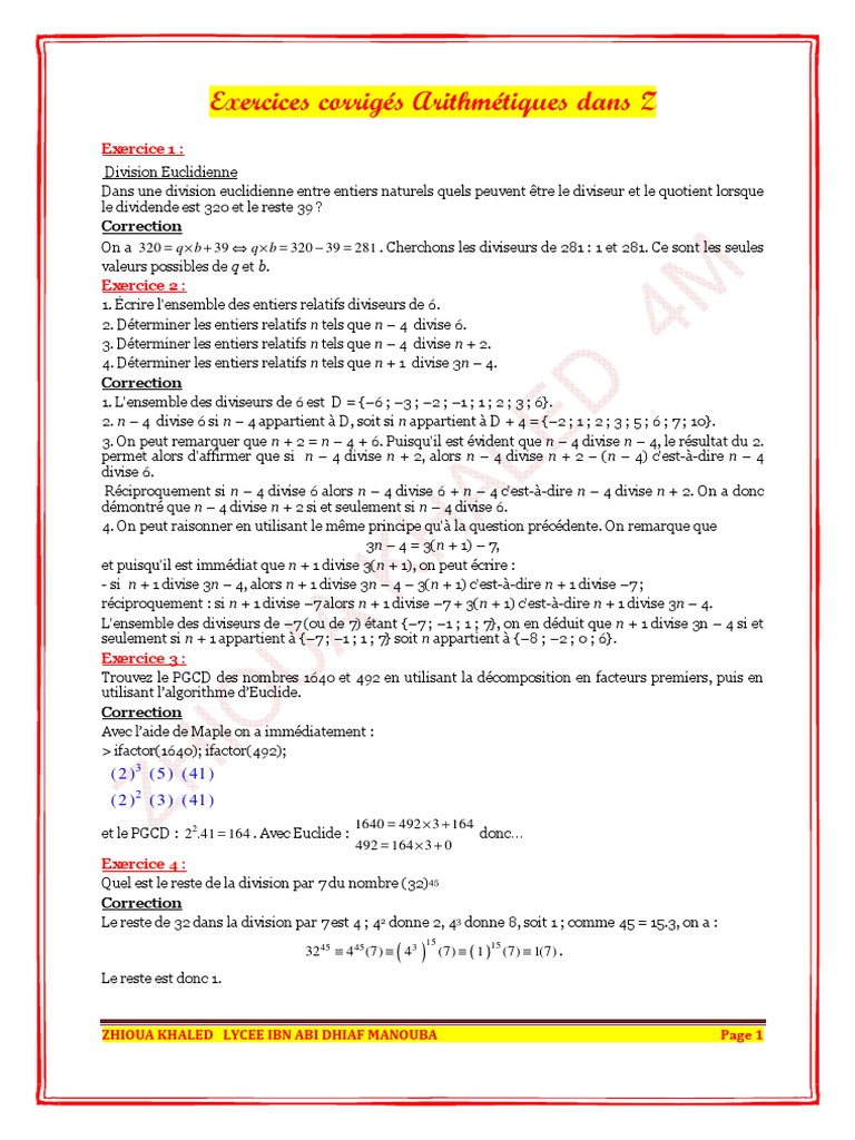 Exercices Corrigés d'Arithmétique | PDF | Entier relatif | Entier naturel