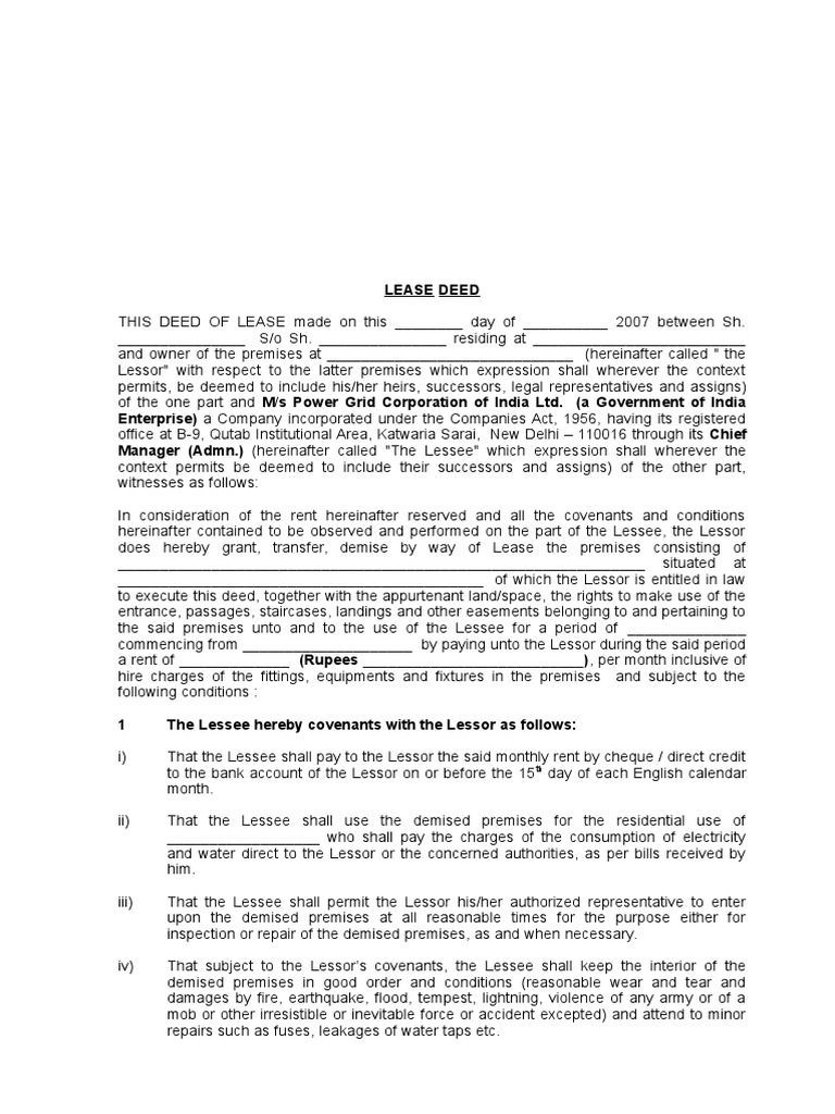 Lease Agreement Format - Lease Deed Form | PDF | Lease | Private Law