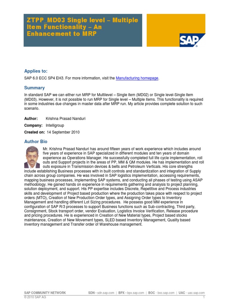 ZTPP - MD03 Single Level - Multiple Item Functionality - An Enhancement To MRP | Download Free ...