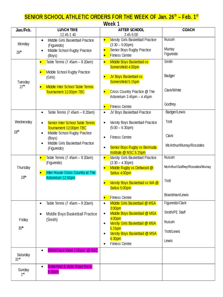 Senior School Sports Schedule Jan 26 - Feb 1 | PDF | Sports ...
