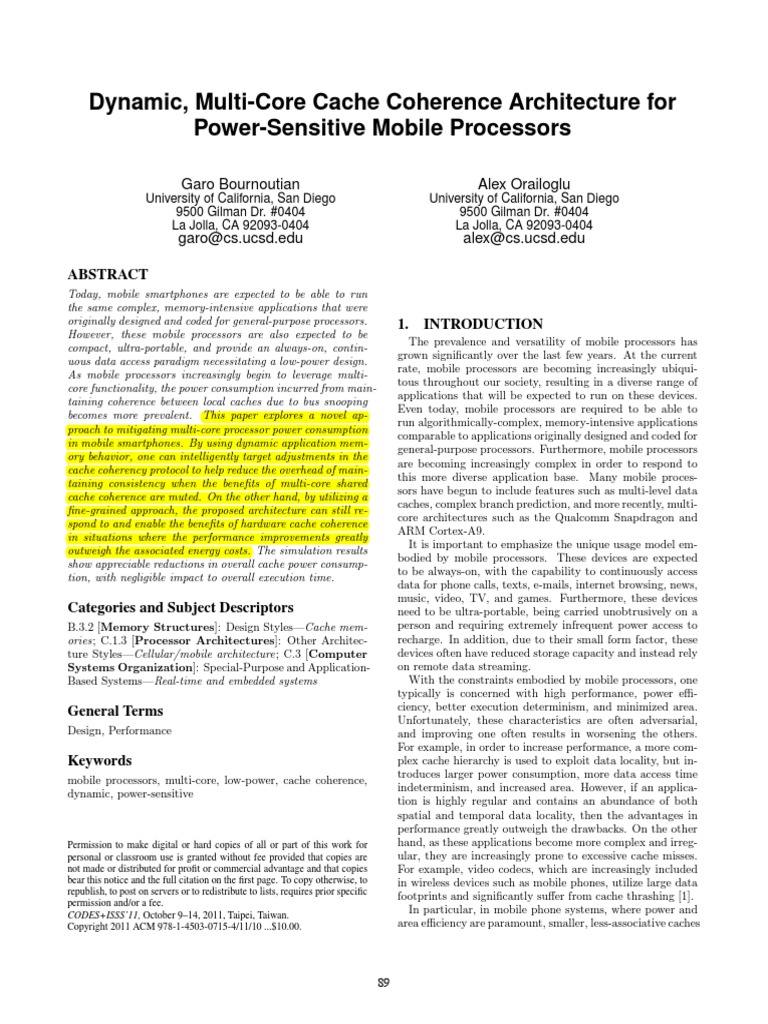 Dynamic, Multi-Core Cache Coherence Architecture For Power-Sensitive Mobile Processors | PDF ...