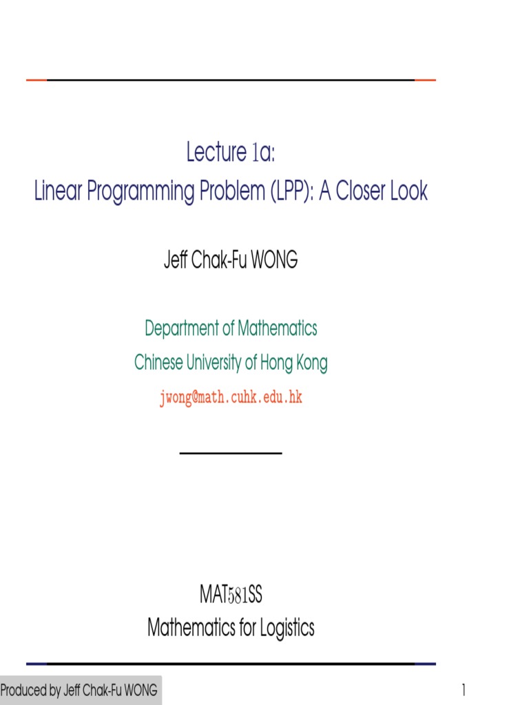 Lecture 1a Linear Programming Problem Lpp A Closer Look Jeff Chak Fu Wong Pdf