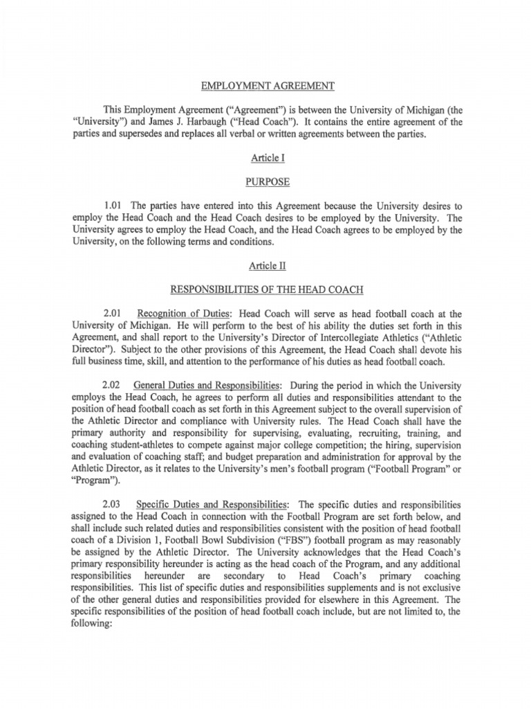 Jim Harbaugh University of Michigan Employment Contract | PDF