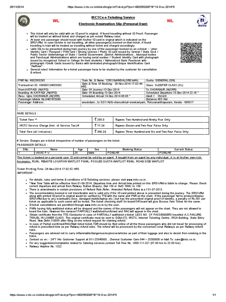 WL WL: Irctcs E Ticketing Service Electronic Reservation Slip (Personal ...