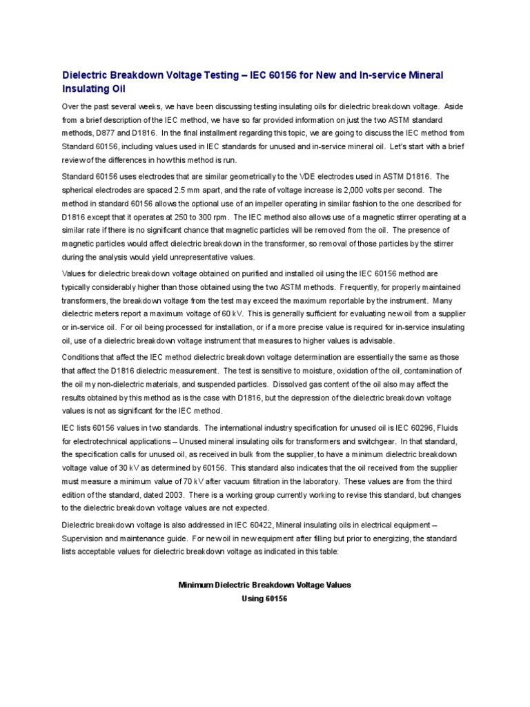 Dielectric Breakdown Voltage Testing | PDF | Electrical Breakdown ...