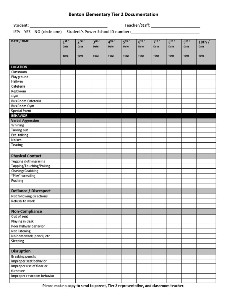 Benton Elementary Tier 2 Behavior Log | PDF