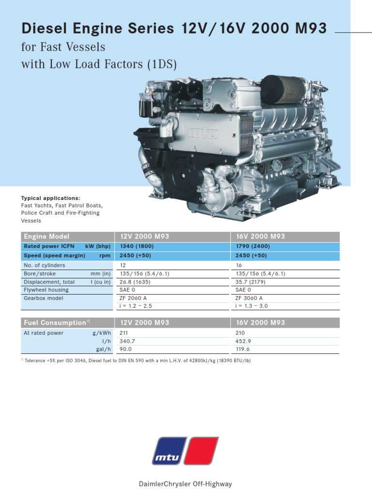 MTU 16V 2000 M93 Brochure Specification | Horsepower | Transmission ...