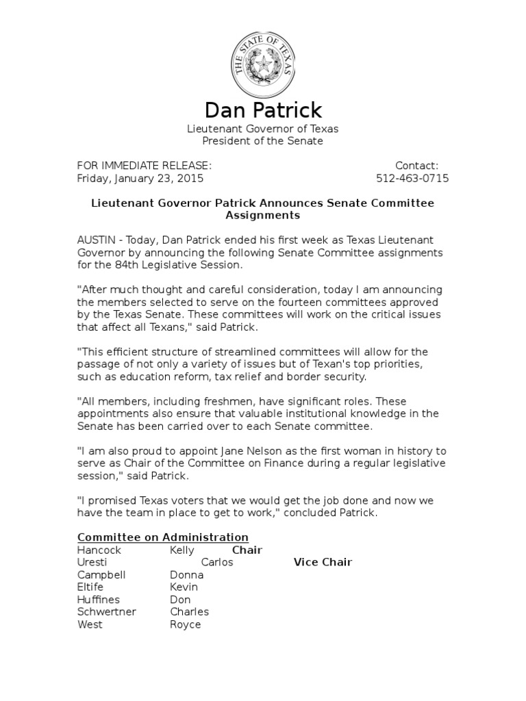 PR 01 23 2015 Senate Committee Assignments | Dan Patrick (Politician ...