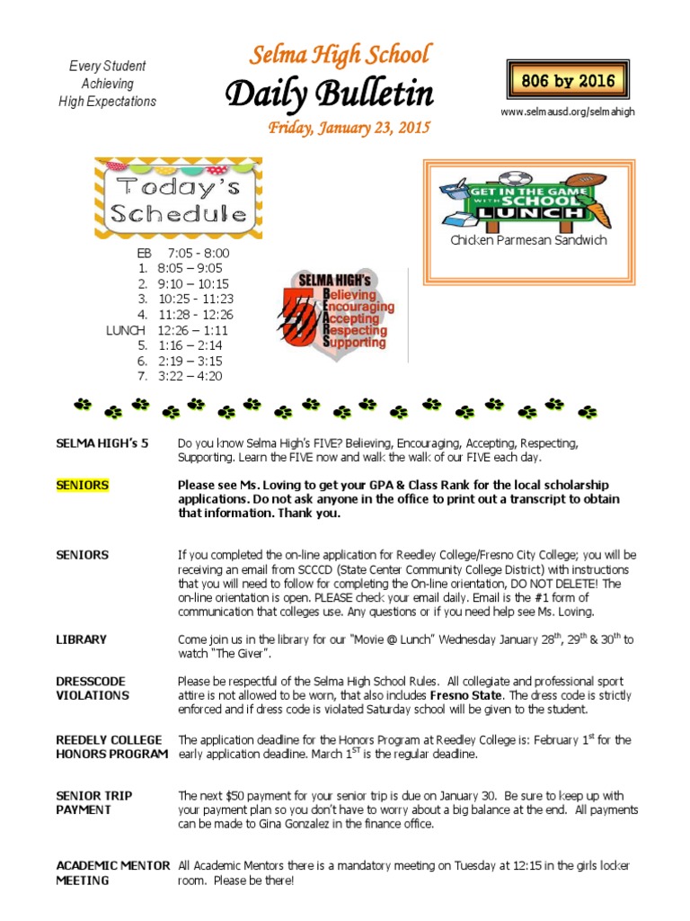 SHS Daily Bulletin 1-26-15 | PDF | Clothing