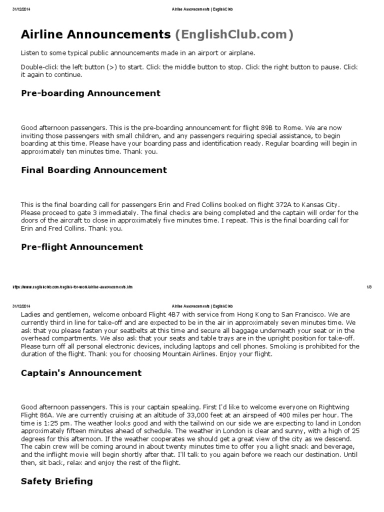Airline Announcements _ EnglishClub | Transport Accidents And Incidents ...