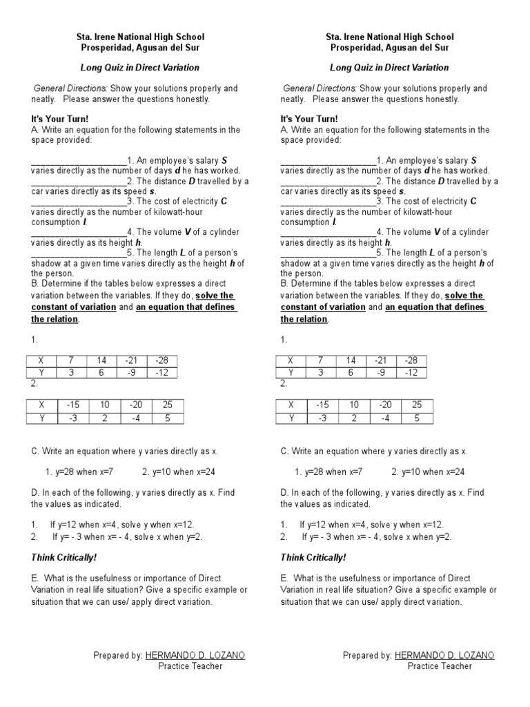 Long Quiz Direct Variation | Download Free PDF | Variable (Mathematics ...