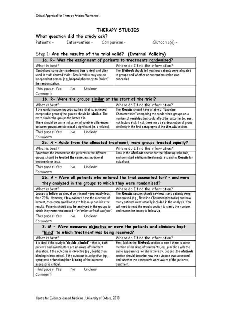 Therapy RCT Critical Appraisal Worksheet With Explanation | PDF ...
