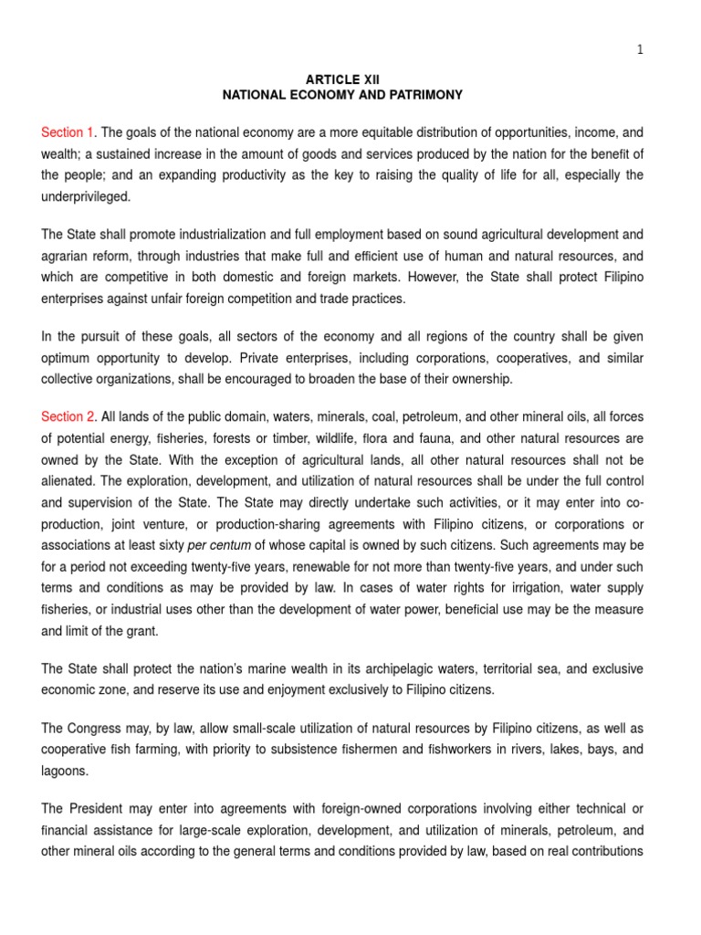 Section 1: Article Xii National Economy and Patrimony | PDF | Economic ...