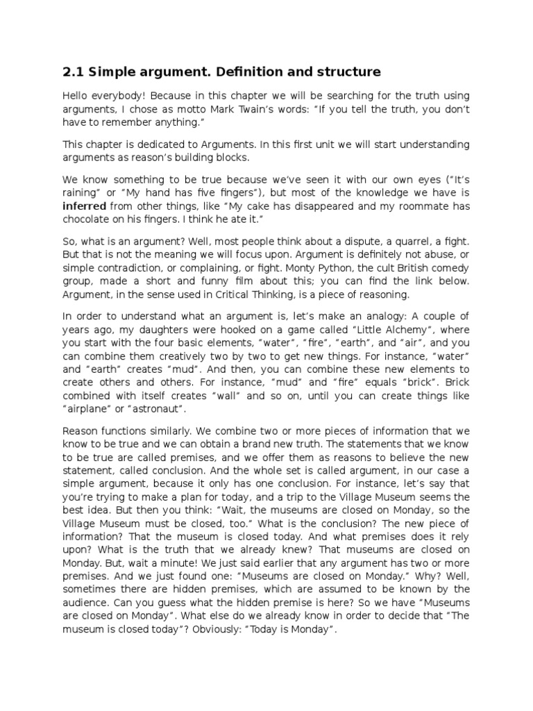 2.1 Simple Argument. Definition and Structure | PDF | Argument ...