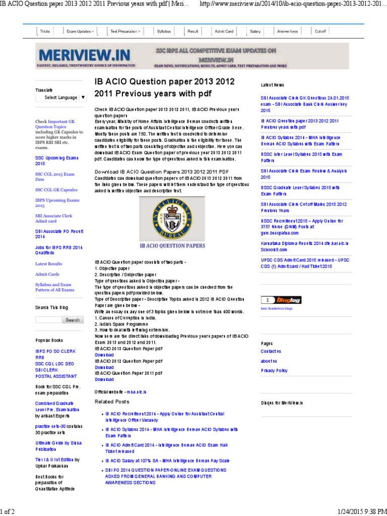 IB ACIO Question Paper 2013 2012 2011 Previous Years With PDF ...