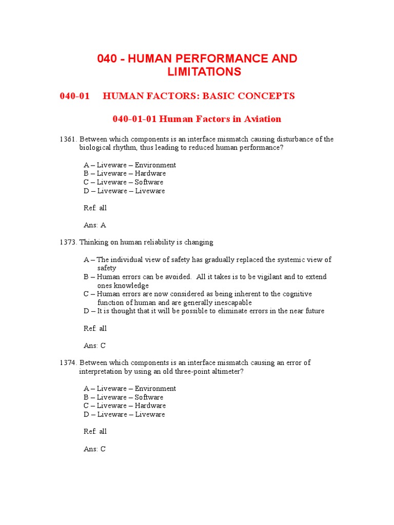Human Performance and Limitations Questions | PDF | Hypoxia (Medical ...
