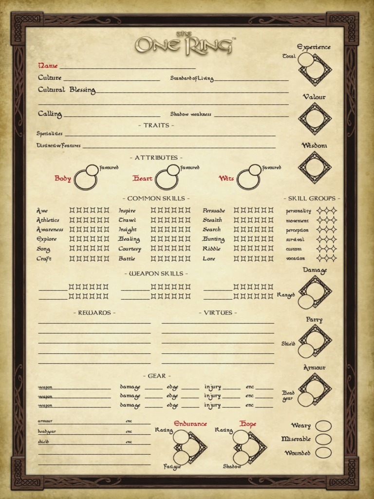 The One Ring Roleplaying Game Character Sheet | PDF
