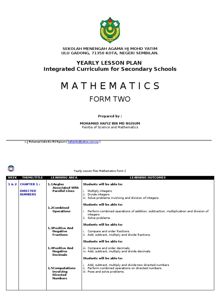 Form 2 Math Lesson Plan | PDF | Cartesian Coordinate System | Area