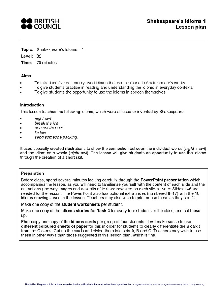 Shakespeare Idioms 1 Lesson Plan | PDF | Idiom | Lesson Plan