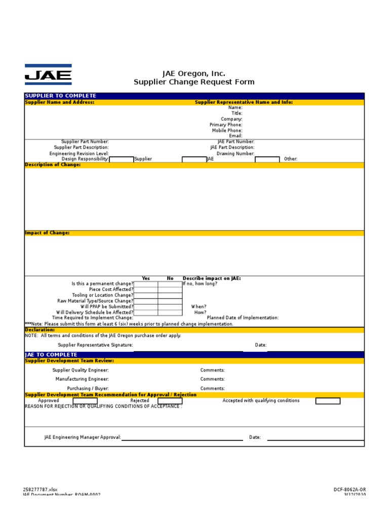 Supplier Change Request Form | PDF
