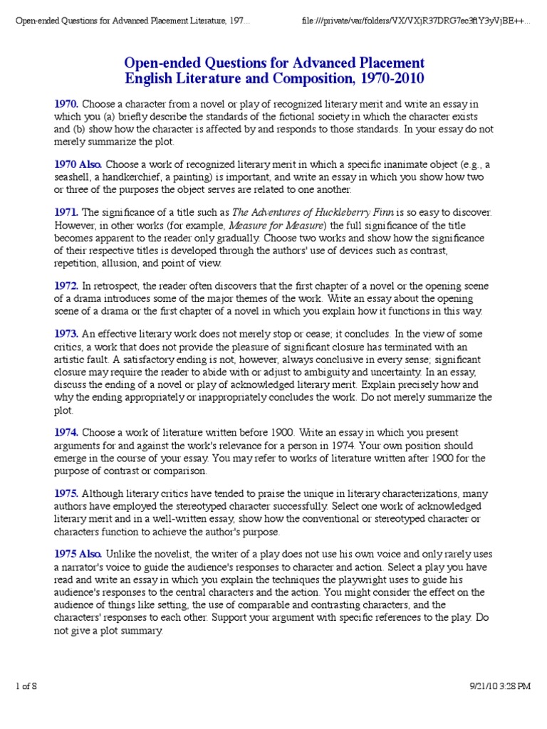 Open Ended Questions For Advanced Placement Literature 1970 2008 | PDF ...