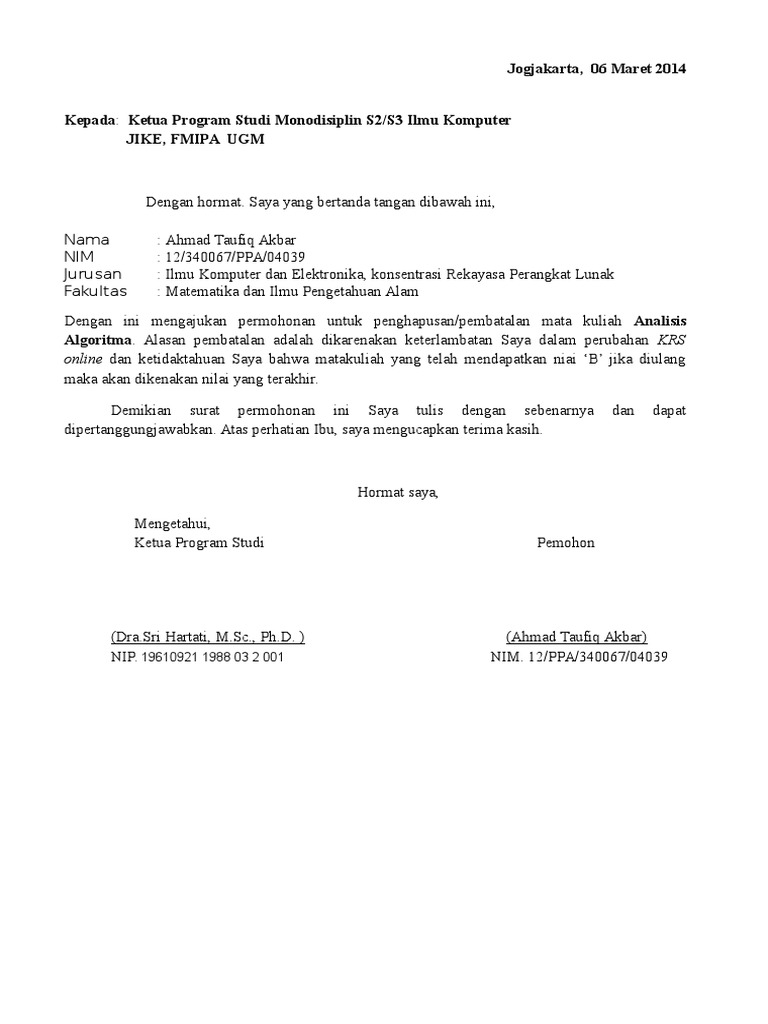 Surat Permohonan Pembatalan Mata Kuliah33 | PDF