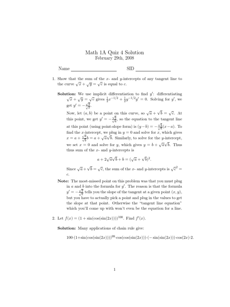 Math 1A Quiz 4 Solution: February 29th, 2008 Name SID | PDF