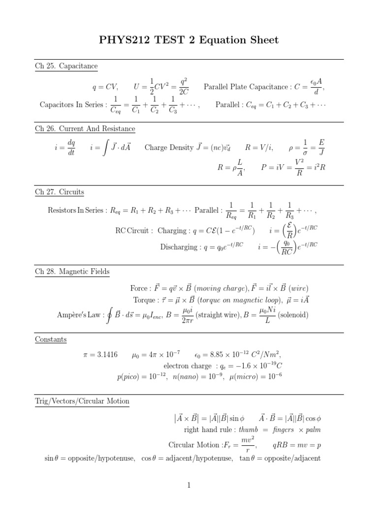 Physics 212 Equation Sheet | PDF