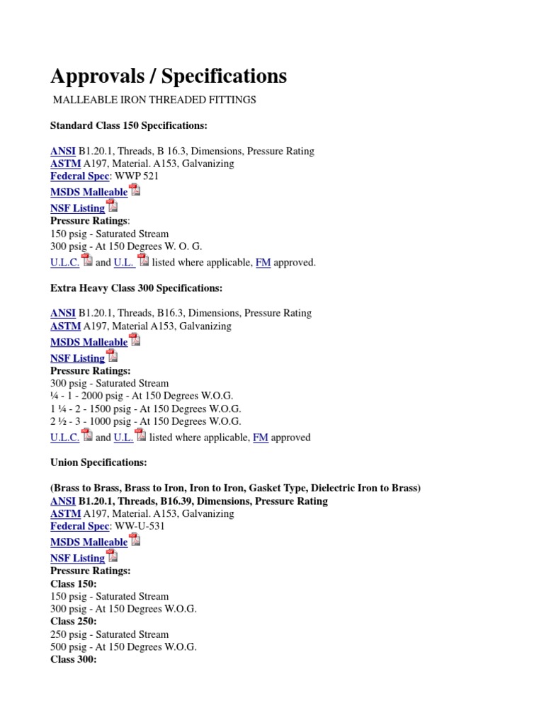 Approvals / Specifications: Ansi Astm Federal Spec MSDS Malleable NSF ...