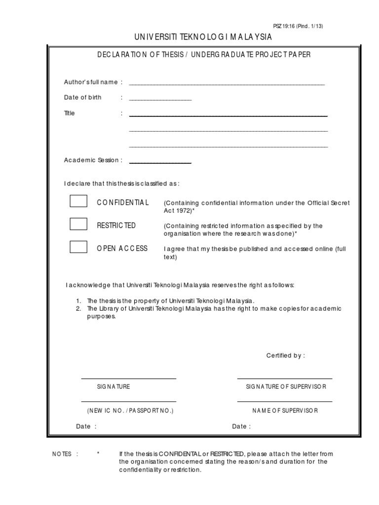 Thesis Declaration Form Template | PDF | Finance & Money Management ...