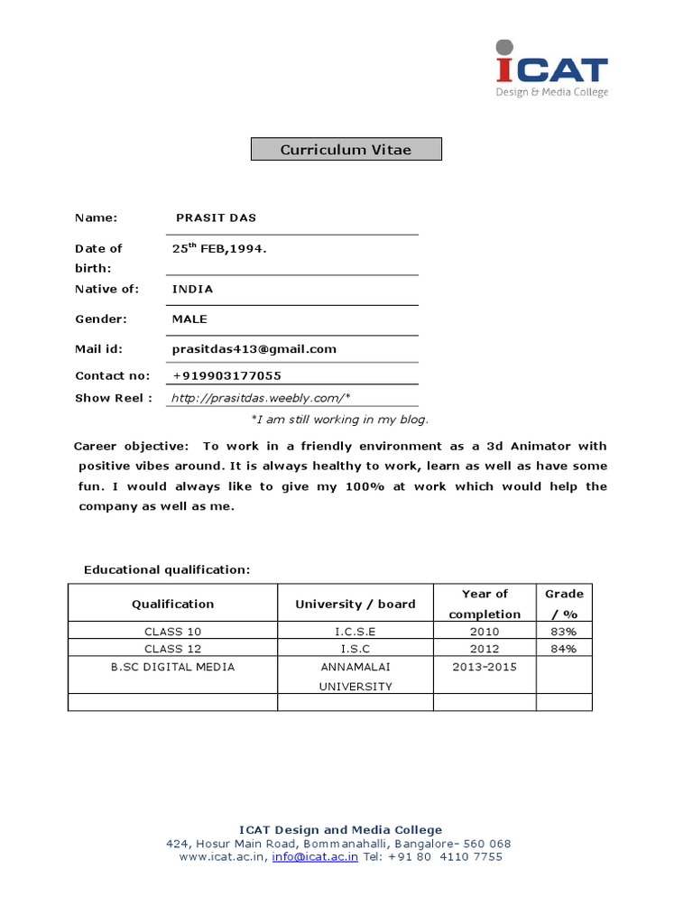 Prasit Das: 3D Animator CV and Skills | PDF | Career & Growth