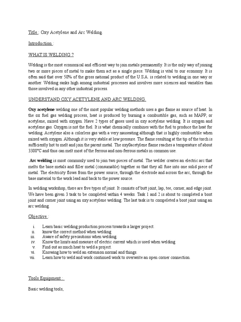Oxy Acetylene and Arc Welding Report | PDF | Welding | Construction